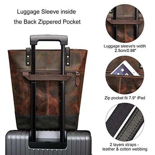 S-ZONE Vintage Genuine Leather Shoulder Bag Work Totes for Women Purse Handbag with Back Zipper Pocket Large