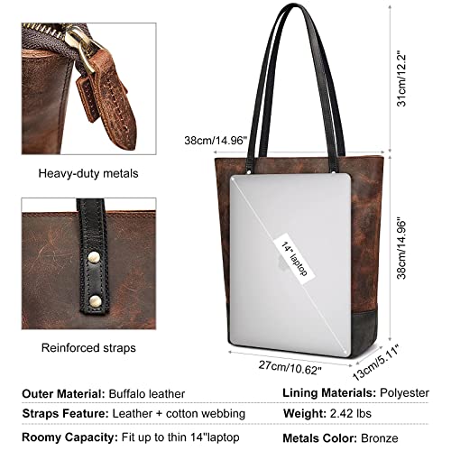 S-ZONE Vintage Genuine Leather Shoulder Bag Work Totes for Women Purse Handbag with Back Zipper Pocket Large