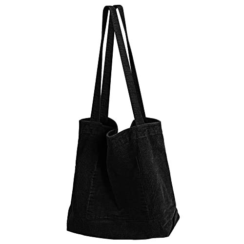 VIJIV Corduroy Tote Bag Aesthetic, Women Canvas Tote Bag Large Capacity Hippie Tote Bag Shoulder Handbags with Pockets Black