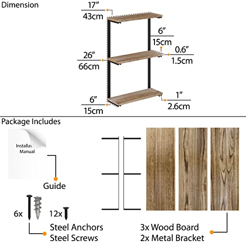 Wallniture Tivoli 3-Tier Floating Shelves Wall Bookshelf Living Room Decor Bathroom Organizer, Kitchen Organization & Office Decor Burnt Finish