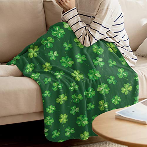 St Patrick Throw Blanket Shamrock Clover Blankets Lightweight Cozy Soft Flannel Blankets Watercolor Green Lucky Clover Bed Blanket for Bed Couch Sofa Bedroom Travel All Season Use 40" x 50"