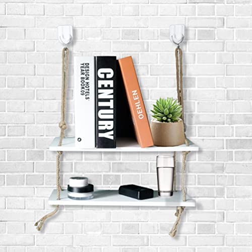 JUNNAN CAIHONG Hanging Shelves for Wall, 2 Tier Floating Shelves Wood Wall Shelves, Wall Mounted Rope Shelves for Storage and Display in Bedroom Living Room Bathroom Kitchen Office and More