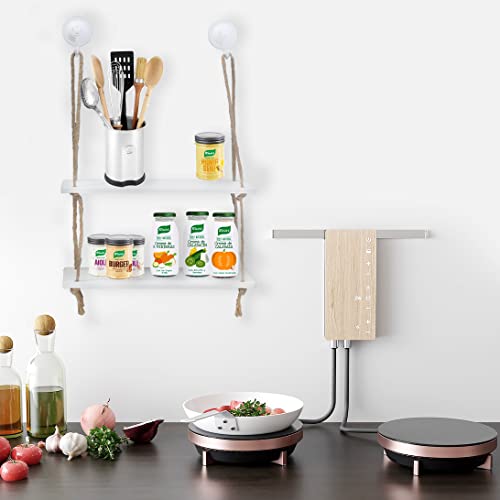 JUNNAN CAIHONG Hanging Shelves for Wall, 2 Tier Floating Shelves Wood Wall Shelves, Wall Mounted Rope Shelves for Storage and Display in Bedroom Living Room Bathroom Kitchen Office and More