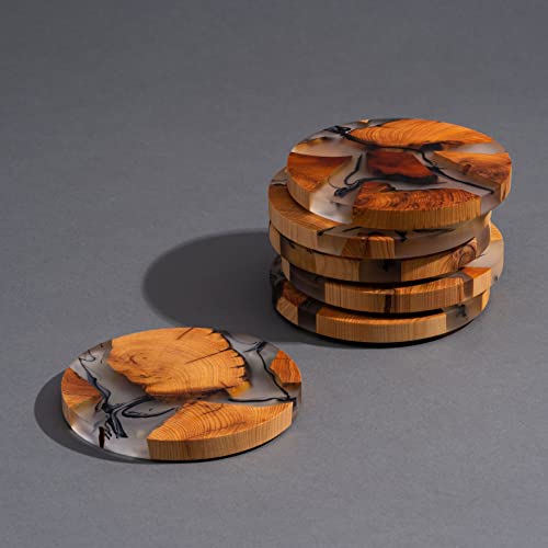 Avocrafts Drink Coaster Set, Wooden Absorbent Coasters, Epoxy Resin Coaster for Coffee Table, Tabletop Protection Decor, Set of 6 With Holder