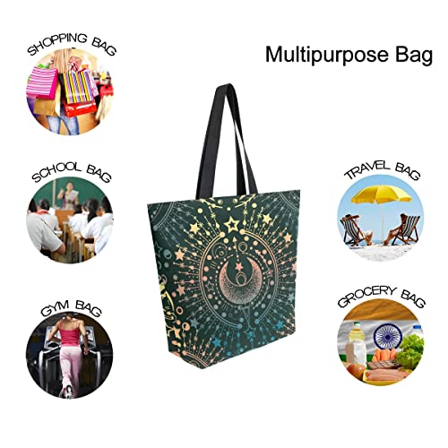 ALAZA Moon & Star Alchemy Magical Large Canvas Tote Bag Shopping Shoulder Handbag with Small Zippered Pocket
