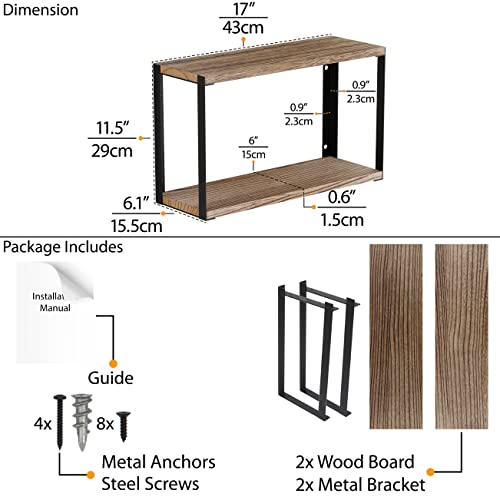 Wallniture Roca 17"x6" Bookshelf for Living Room Decor, Bathroom Organizer Shelf for Bathroom Accessories, 2 Tier Floating Shelves for Bedroom, Office, Burnt Finish