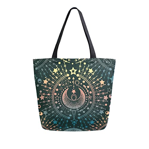 ALAZA Moon & Star Alchemy Magical Large Canvas Tote Bag Shopping Shoulder Handbag with Small Zippered Pocket