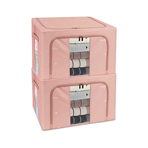 Clothes Storage Bag Organizer,2 Packs 19.7" x 15.7" x 12.9" Large Capacity Clear Window Fabric Storage Bins with Dual Handles for Bedroom, Nursery, Office, Furniture Units,Foldable with Sturdy Zipper(Pink,66L)