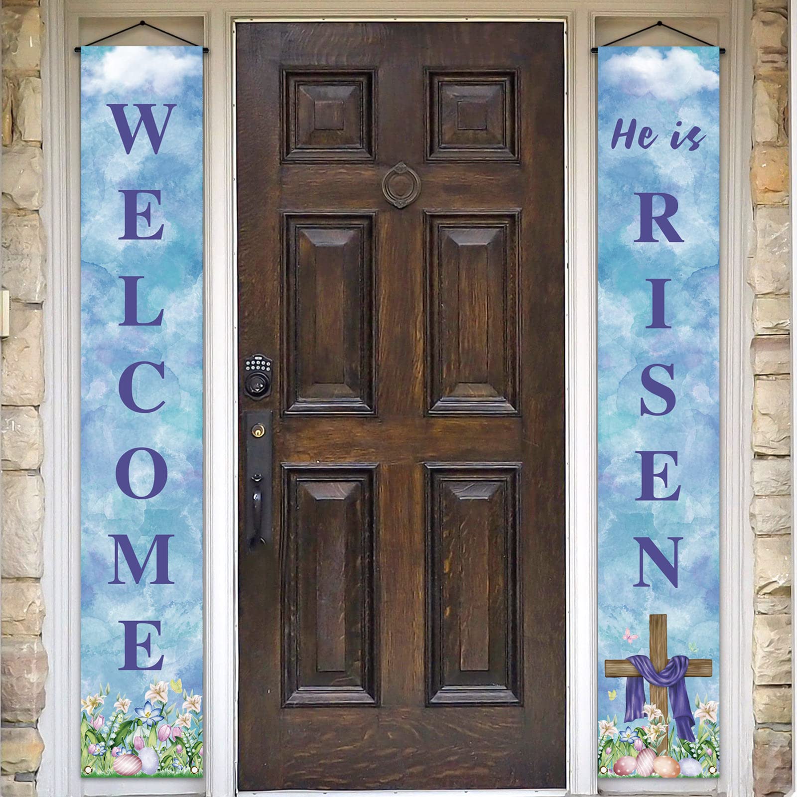 Pudodo He is Risen Porch Banner Easter Christian Cross Resurrection Religious Holiday Front Door Sign Wall Hanging Party Decoration