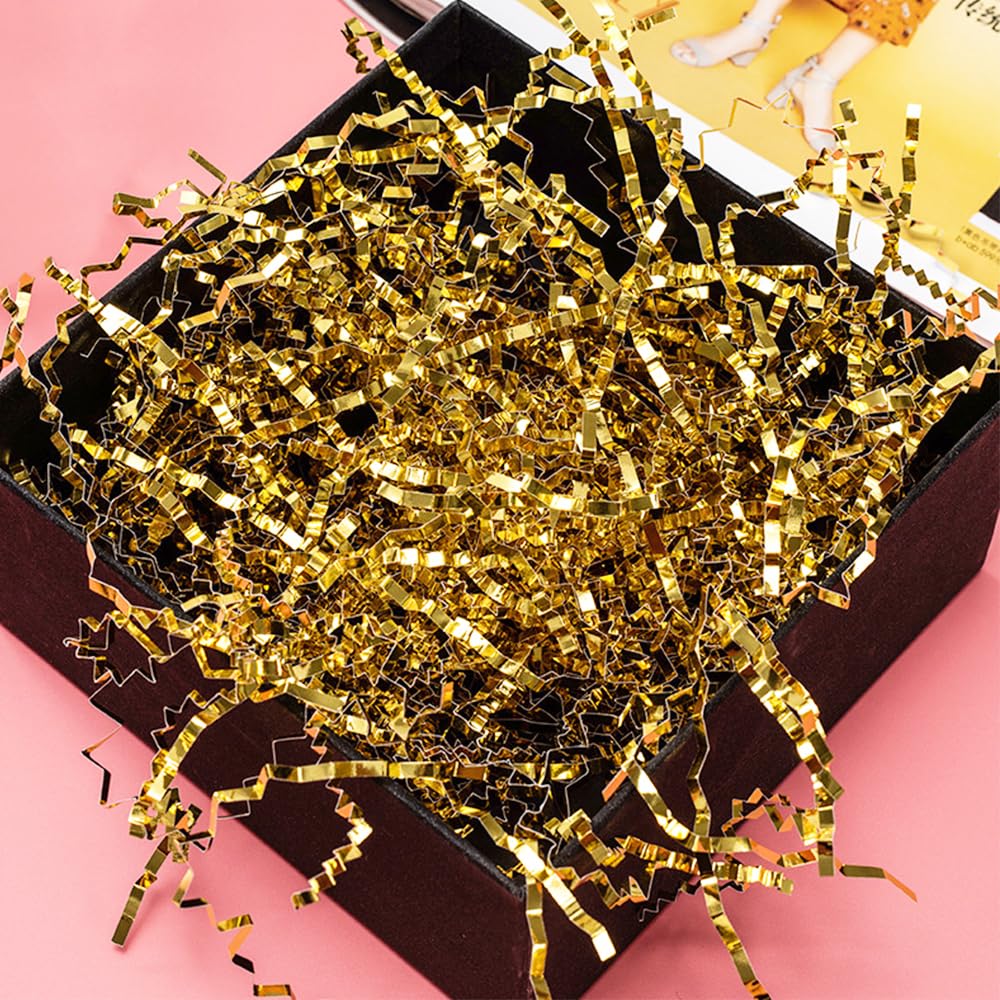 Keoferlo Gold Crinkle Cut Paper Shred Filler 1/2 LB Metallic Iridescent Stuffing for Gift Boxes Gift Wrappings Gift Baskets (Metallic Gold)