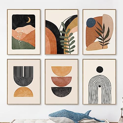 6pcs Frameless Abstract Geometric Canvas Painting Boho Mid-Century Modern Wall Art Minimalist Wall Art Black Beige Neutral Abstract Geometric Print Room Poster Suitable For Living Room Bathroom