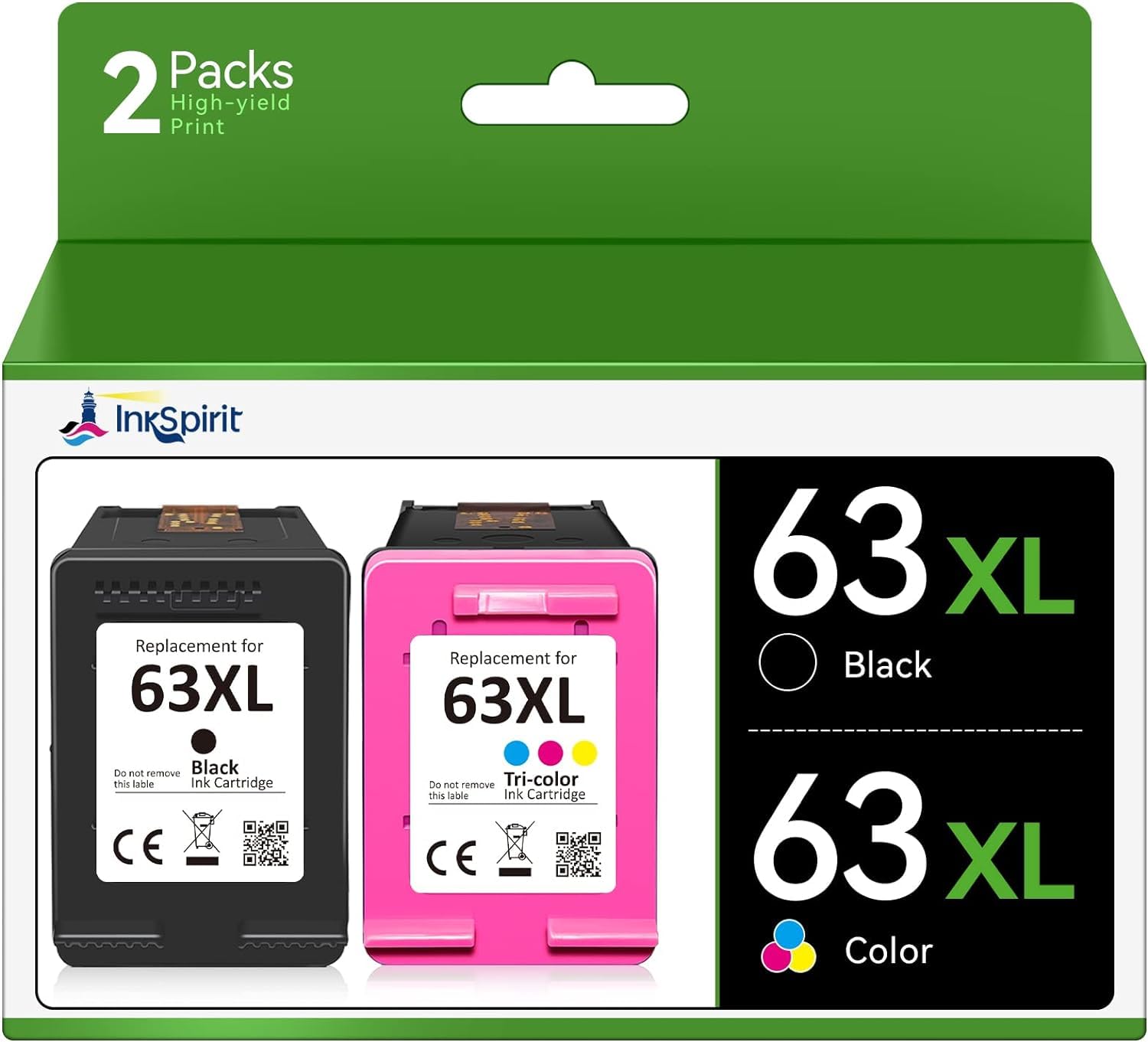 InkSpirit Remanufactured Ink Cartridge Replacement for HP Ink 63 Compatible with OfficeJet 3830 5255 5258 4650 4652 4655 Envy 4520 4512 4513 4516 DeskJet 1112 2130 3630 3632 3634 2130 2132 Printer