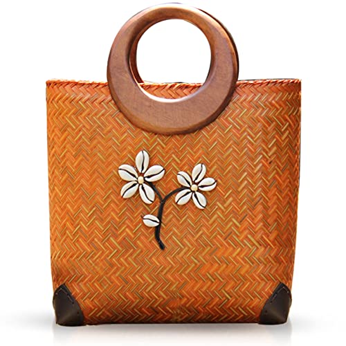 QTKJ Straw Bag for Women, Summer Beach Handmade Rattan Tote Bag, Round Wooden Handle, Boho Retro Straw Woven Handbag, Large Beach Vacation Bag (Yellow)