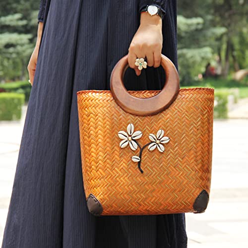 QTKJ Straw Bag for Women, Summer Beach Handmade Rattan Tote Bag, Round Wooden Handle, Boho Retro Straw Woven Handbag, Large Beach Vacation Bag (Yellow)