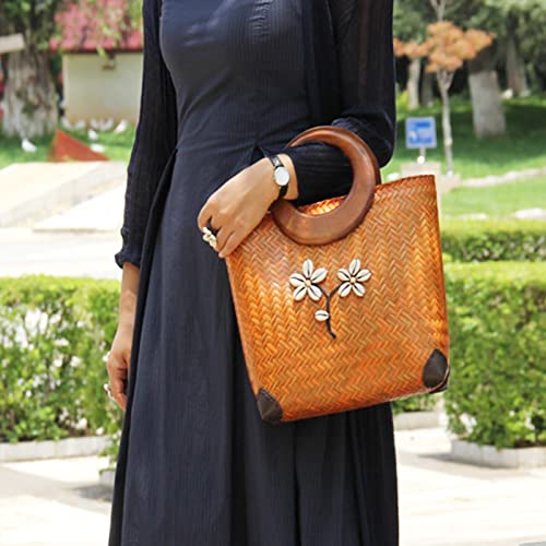 QTKJ Straw Bag for Women, Summer Beach Handmade Rattan Tote Bag, Round Wooden Handle, Boho Retro Straw Woven Handbag, Large Beach Vacation Bag (Yellow)