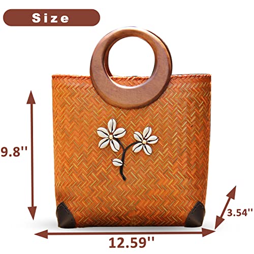 QTKJ Straw Bag for Women, Summer Beach Handmade Rattan Tote Bag, Round Wooden Handle, Boho Retro Straw Woven Handbag, Large Beach Vacation Bag (Yellow)
