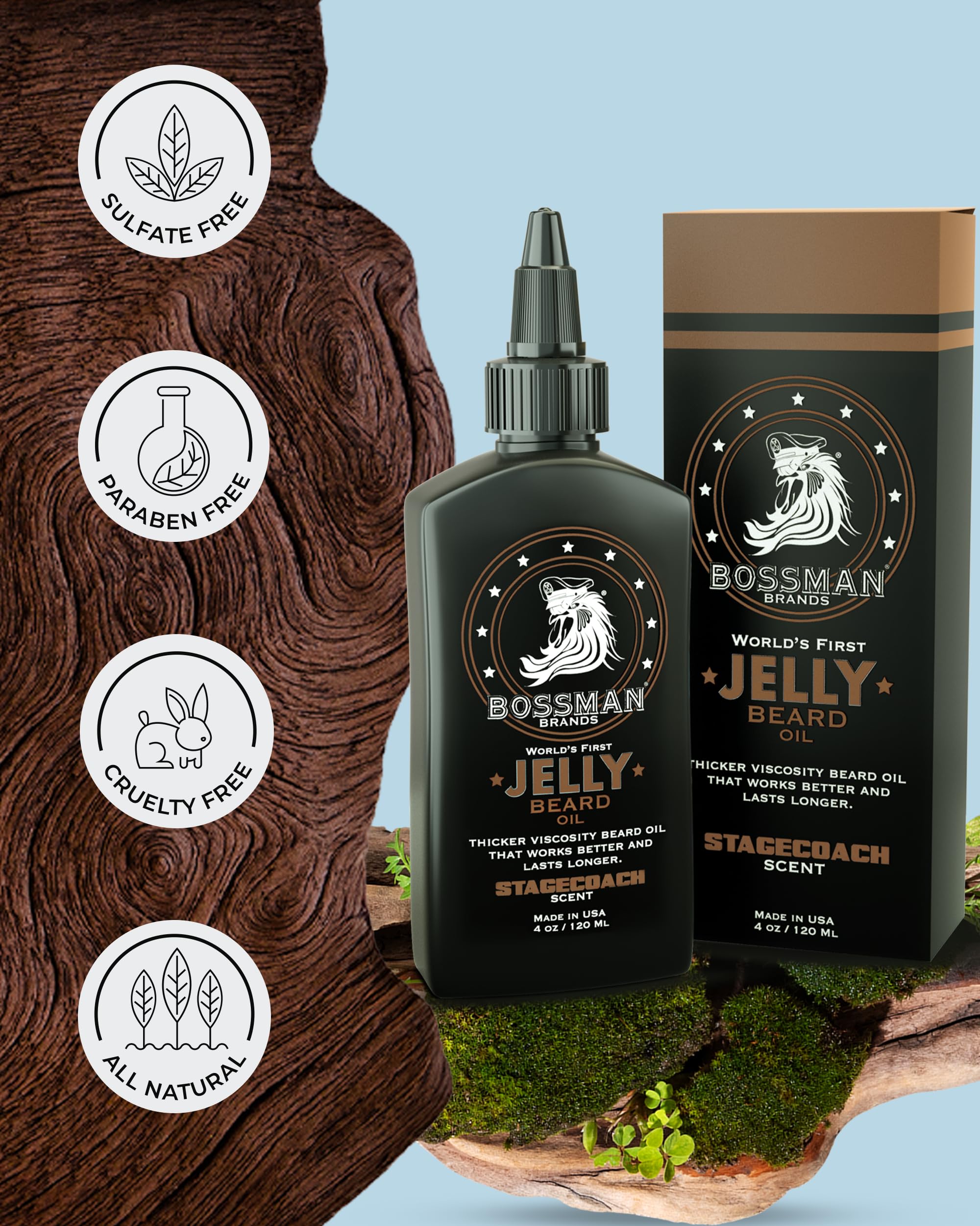 Bossman Beard Oil Jelly (4oz) - Beard Growth Softener, Moisturizer Lotion Gel with Natural Ingredients - Beard Growing Product (Stagecoach Scent)