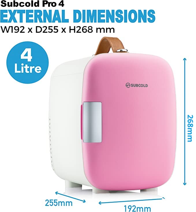 Subcold Pro4 Luxury Mini Fridge Cooler 4 Litre / 6 Cans AC & Exclusive USB ECO Power Option | Portable Small Refrigerator For The Office, Bedroom, Car, Travel, Skincare & Cosmetic (Pink)