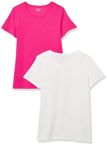 Amazon Essentials Women's Classic-Fit Short-Sleeve Crewneck T-Shirt, Pack of 2, Bright Pink/White, Small