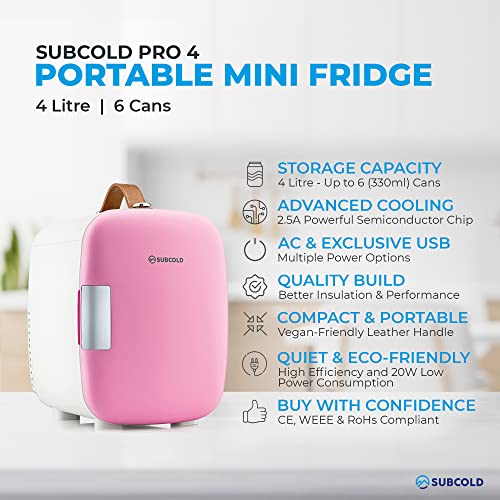 Subcold Pro4 Luxury Mini Fridge Cooler 4 Litre / 6 Cans AC & Exclusive USB ECO Power Option | Portable Small Refrigerator For The Office, Bedroom, Car, Travel, Skincare & Cosmetic (Pink)
