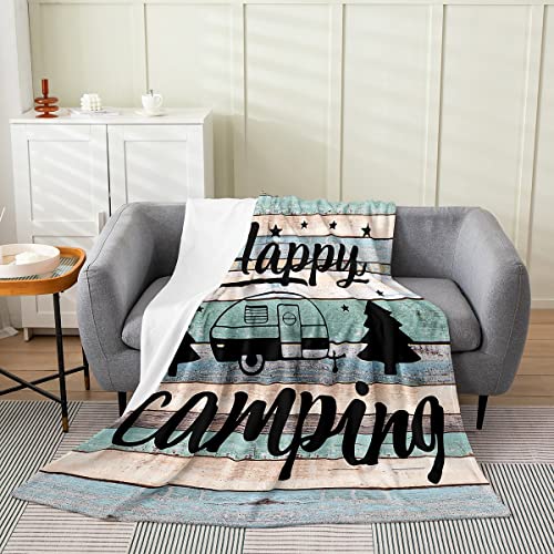 Camper Flannel Fleece Throw Blanket,All Season Happy Camping Theme Bed Blanket Rustic Farmhouse Style Fuzzy Blanket for Bed Sofa Couch,Bedroom Decor Vintage Wooden Plush Blanket 40"x50"