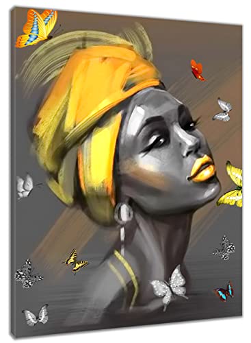 LB African Canvas Wall Art Arican American Woman with Yellow Hair Colorful Butterfly Canvas Art Wall Decor Yellow Grey Decor for Living Room Bedroom Bathroom Home Decor Ready to Hanging, 12 x 16 inch