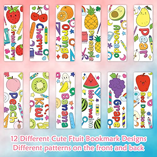 Anseal 60 PCS Color Your Own Bookmarks Bulk, 12 Styles DIY Bookmarks for Kids/Teens, Cute Fruit Bookmarks for Reading Lover, Fun & Personalized Bookmark for Students, Classroom Rewards Supplies