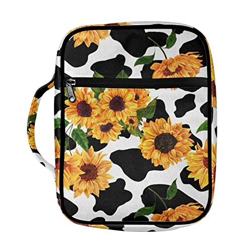 Coldinair Cow Sunflower Print Bible Cover for Women Girls Kids,Portable Carrying Book Case Church Bag Bible Protective with Handle and Zippered Pocket