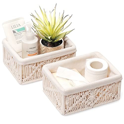 Macrame Storage Baskets, Decorative Hand Woven Boho Baskets, Boho Decor, Organizer for Bedroom Nursery Living Room, Room Decor, Removable Cloth Liner, Washable, Beige Set of 2, L: 7,87ââ x W: 5,91ââ x H: 3,54ââ