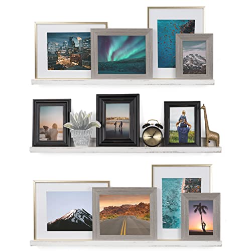 Rustic State Ted Wall Mount Narrow Picture Ledge Shelf Photo Frame Display - 36 Inch Floating Wooden Shelf for Living Room Office Kitchen Bedroom Bathroom Décor - Set of 3 - Burnt White
