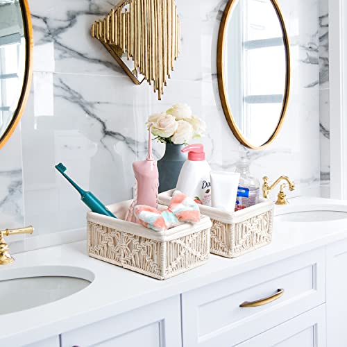 Macrame Storage Baskets, Decorative Hand Woven Boho Baskets, Boho Decor, Organizer for Bedroom Nursery Living Room, Room Decor, Removable Cloth Liner, Washable, Beige Set of 2, L: 7,87’’ x W: 5,91’’ x H: 3,54’’