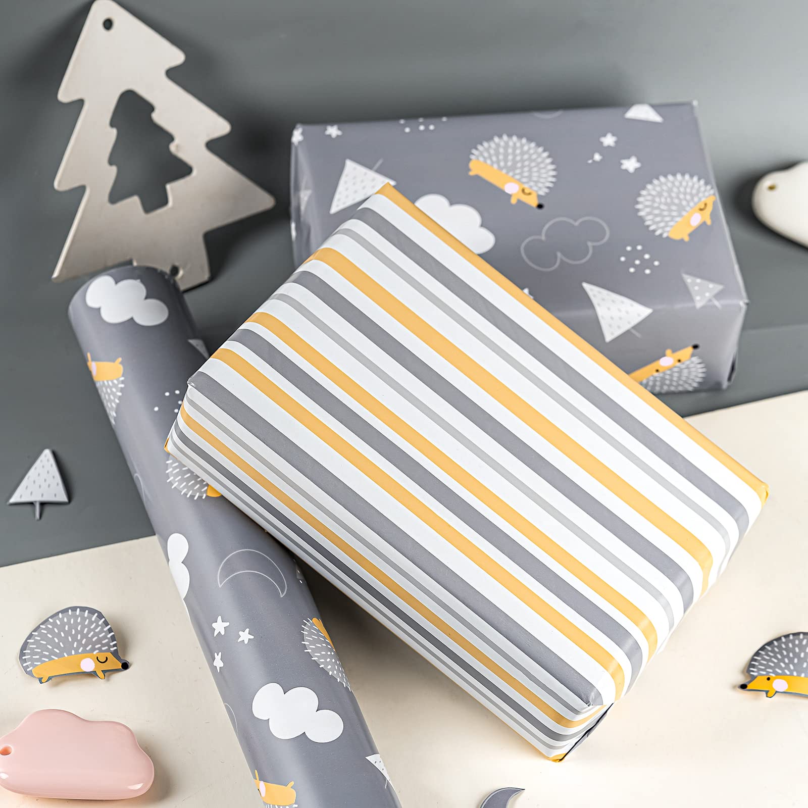 WRAPAHOLIC Reversible Baby Shower Wrapping Paper - Mini Roll - 17 Inch X 33 Feet - Cute Hedgehogs and Stripes Design for Birthday, Holiday, Party