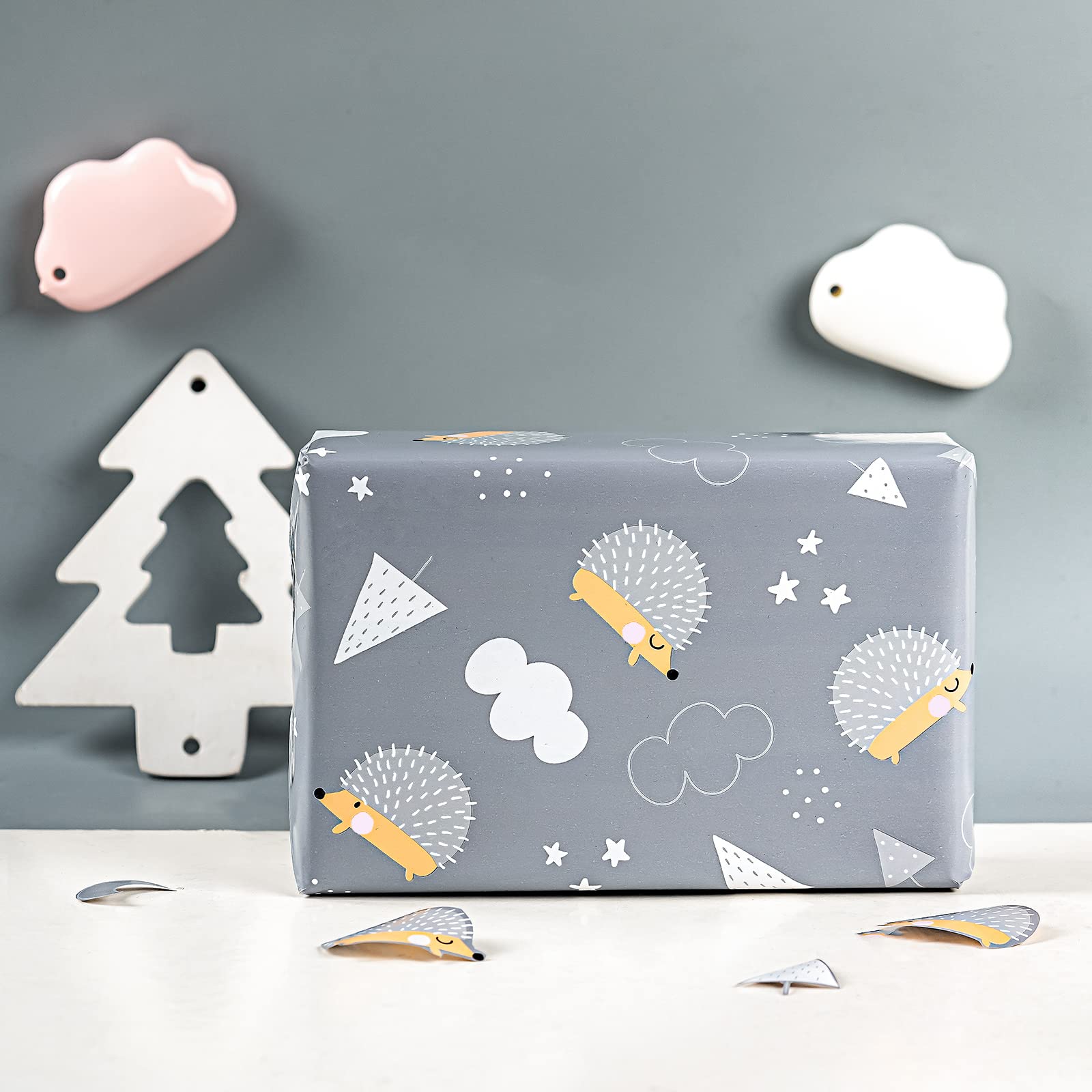 WRAPAHOLIC Reversible Baby Shower Wrapping Paper - Mini Roll - 17 Inch X 33 Feet - Cute Hedgehogs and Stripes Design for Birthday, Holiday, Party