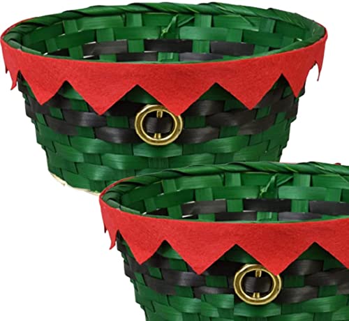 LJIF BCL Festive Woven Bamboo Holiday Character Baskets - Set of 2 & Custom Storage Carrier, Green, Red