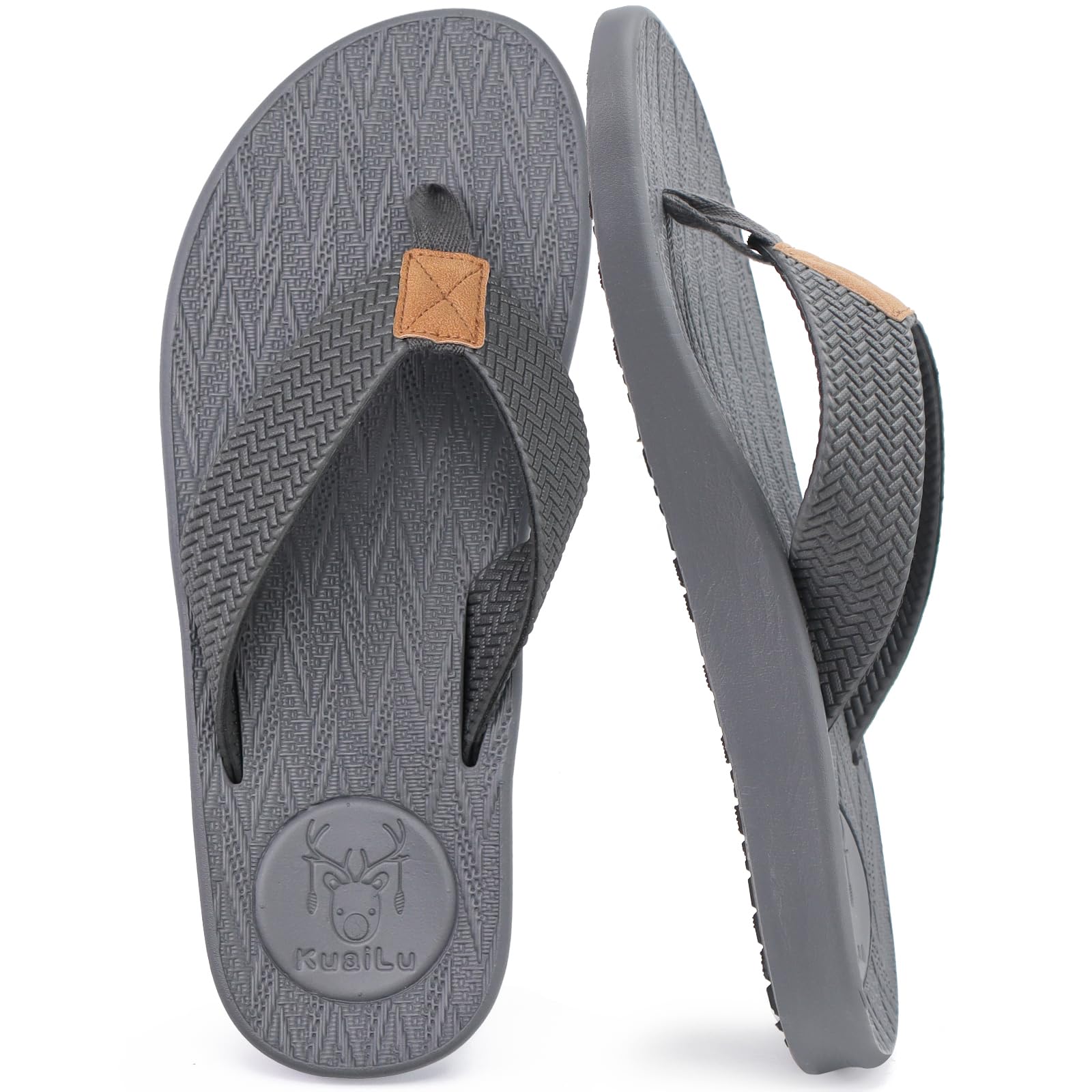 KuaiLu Mens Flip Flops Arch Support Comfortable Cushion Memory Foam Recovery Walking Waterproof Leather Thong Sandals Orthotic Plantar Fasciitis Summer Casual Beach Pool Slip on Slippers Grey Size 11