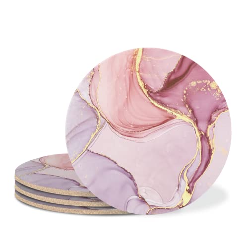 kasader Coasters for Drinks 4 Pcs Cork Coasters Absorbent Heat Resistant Coaster Premium Home Decor Housewarming Gifts - Pink Marble Pattern, 3.93in