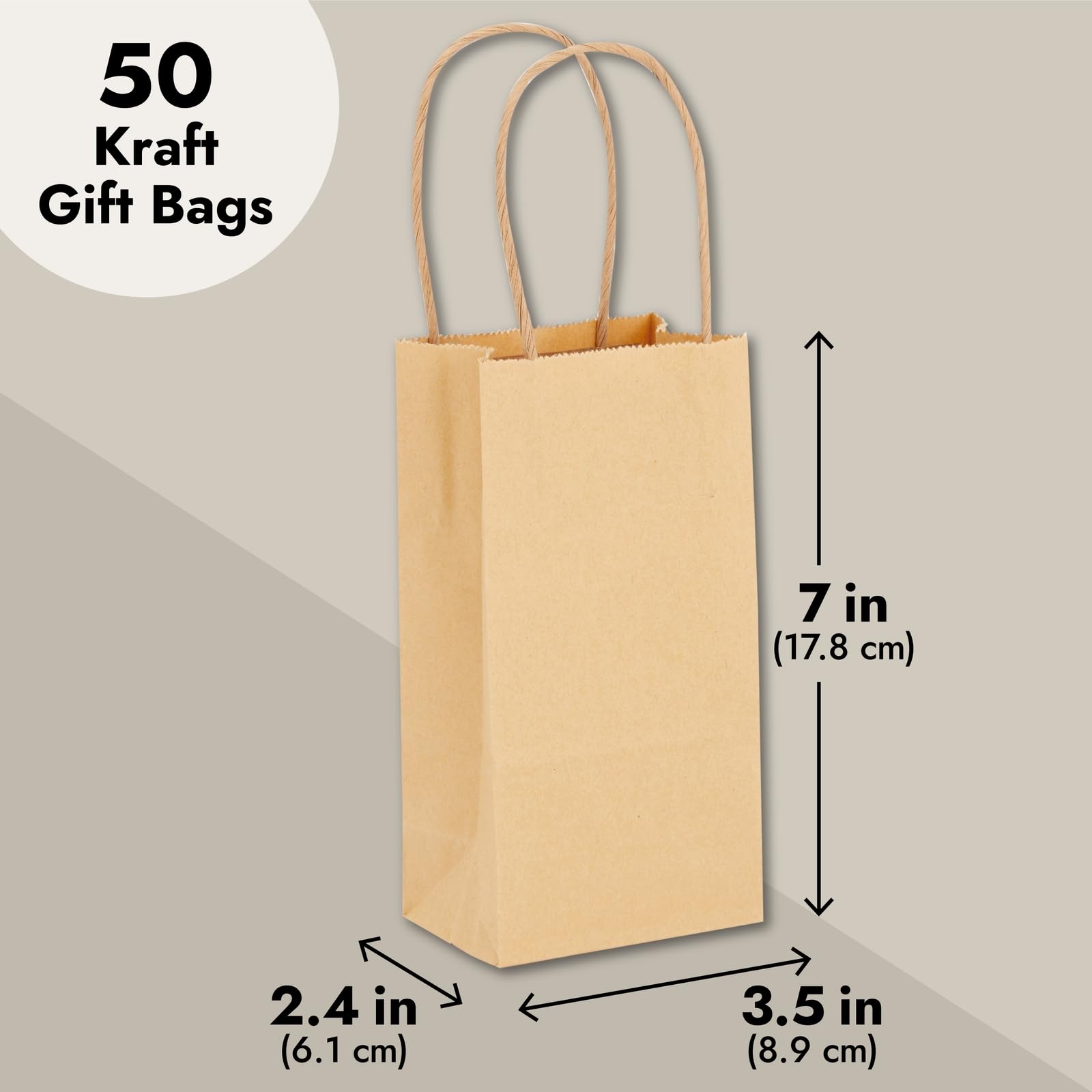 Juvale 50 Pack Small Brown Gift Bags with Handles, 3.5 x 2.4 x 6.3 Inch Bulk Kraft Paper Material Bags for Party Favors and Goodies