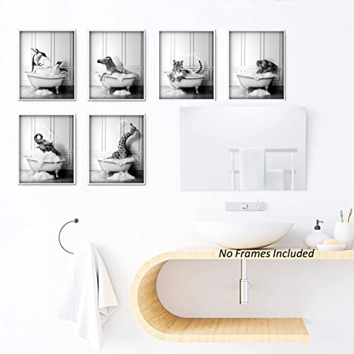 Funny Bathroom Decor Wall Art β Unframed Set of 6 (8 x 10 Inch) β Bathroom Wall Decor, Black and White Bathroom Decor, Kids Bathroom Decor, Animal Giraffe Penguin Elephant Bathroom Pictures for Wall Decor by LIYA Design Prints