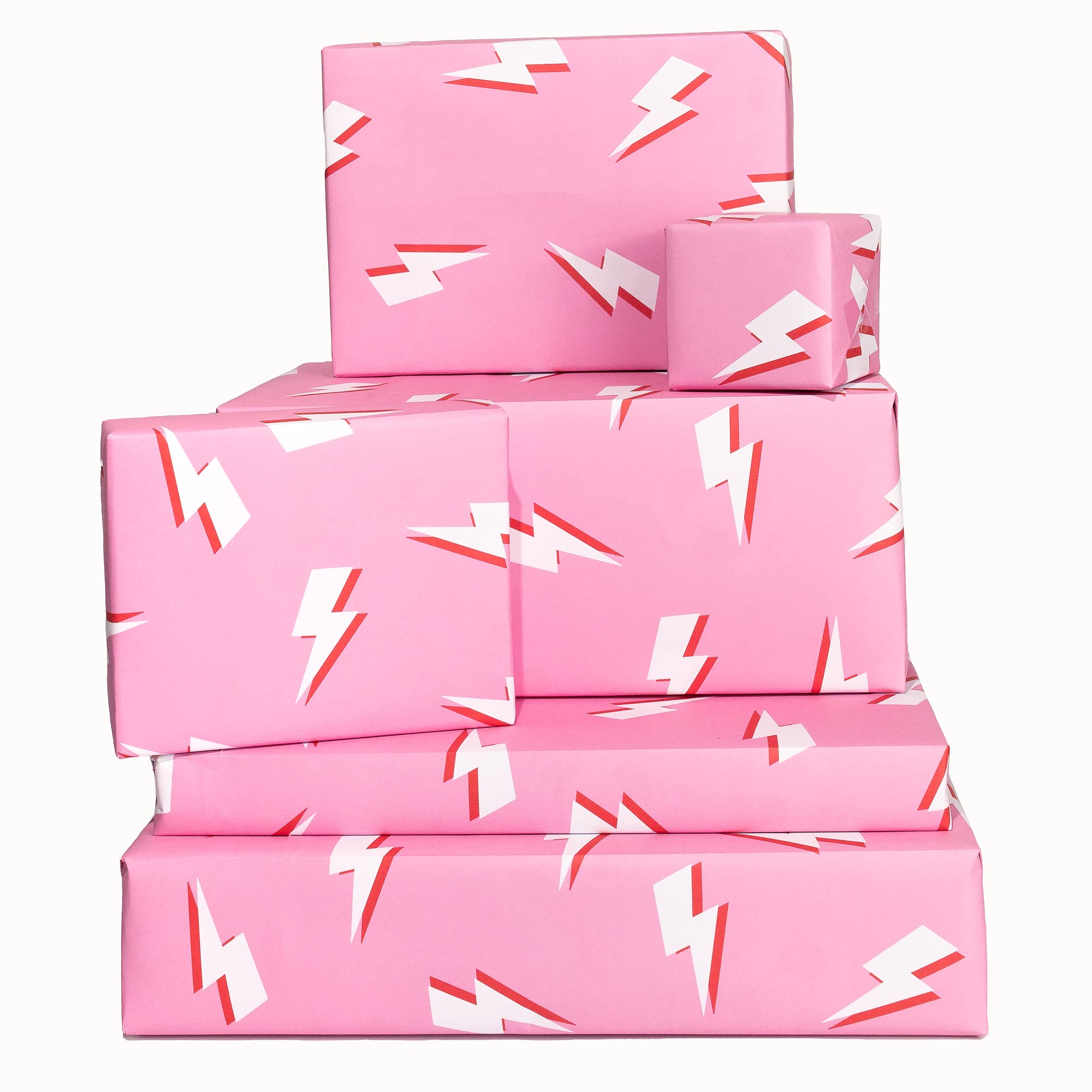 CENTRAL 23 - Fun Wrapping Paper for Girls - 6 Sheets of Giftwrap - For Men Women - Lightning Bolts - Pink White Red - Recyclable