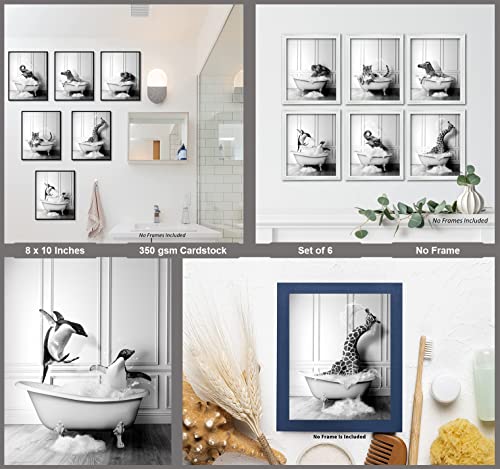 Funny Bathroom Decor Wall Art β Unframed Set of 6 (8 x 10 Inch) β Bathroom Wall Decor, Black and White Bathroom Decor, Kids Bathroom Decor, Animal Giraffe Penguin Elephant Bathroom Pictures for Wall Decor by LIYA Design Prints