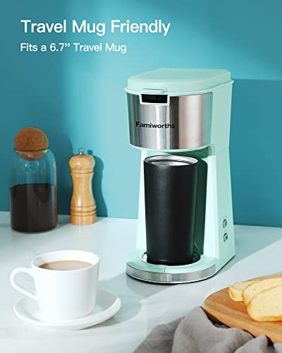Famiworths Single Serve Coffee Maker for K Cup & Ground Coffee, With Bold Brew, One Cup Coffee Maker, 6 to 14 oz. Brew Sizes, Fits Travel Mug, Oyster Green