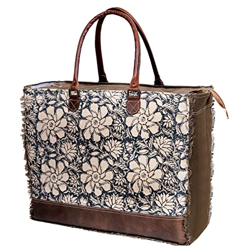 Ruzioon Upcycled Canvas & Cowhide Hand Bag, Canvas & Cowhide Weekender Bag, Canvas Tote Bag, Canvas Shoulder Bag for Women’s