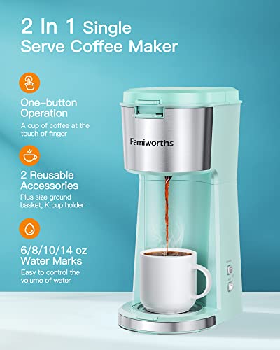 Famiworths Single Serve Coffee Maker for K Cup & Ground Coffee, With Bold Brew, One Cup Coffee Maker, 6 to 14 oz. Brew Sizes, Fits Travel Mug, Oyster Green