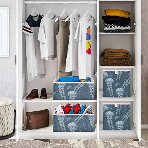 Blue Jellyfish Storage Baskets for Shelves Foldable Collapsible Storage Box Bins with Fabric Bins Cube Toys Organizers for Pantry Toys, Clothes, Books in Closet and Shelf,11 x 11inch