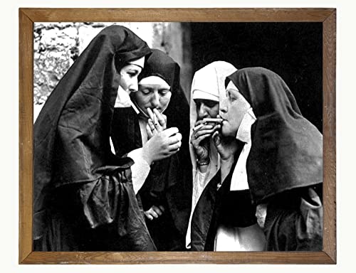 Vintage Funny Nuns Wall Art - Retro Humorous Room Decor - Black and White Decor for Bathroom, Kitchen, Bar, Dorm, Home Office - Cheap Gag Gifts for Women - Cool Edgy Indie Poster Photo Picture 8x10"