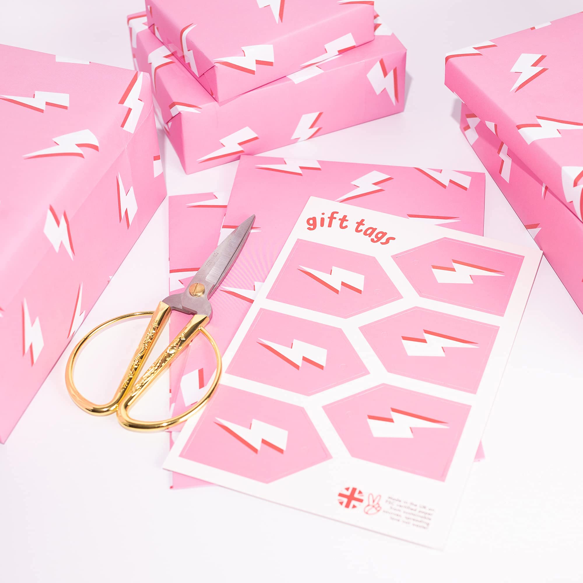 CENTRAL 23 - Fun Wrapping Paper for Girls - 6 Sheets of Giftwrap - For Men Women - Lightning Bolts - Pink White Red - Recyclable