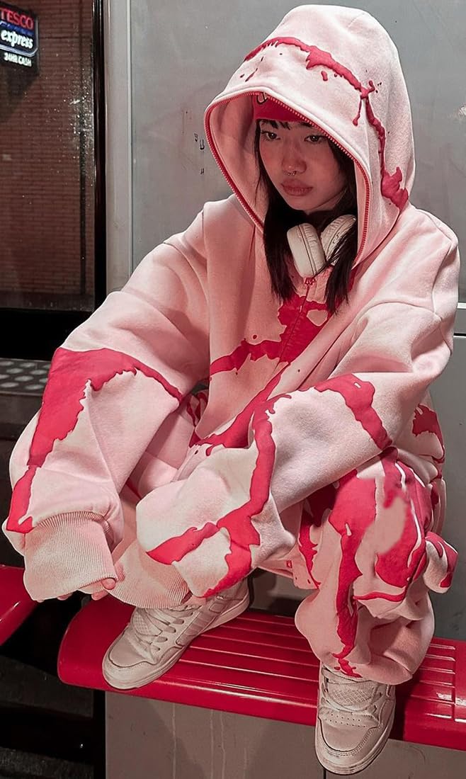 MINIDORA Men's Y2k Zip Up Hoodies Oversize Pullover Sweatshirts Hip Hop Streetwear Only Hoodie-Pink Medium