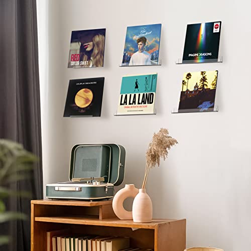 6 Pack Vinyl Record Display Shelf with Record Outer Sleeves, LASZOLA 3 Size Acrylic Record Wall Mount Holder Display Rack Clear Floating Shelves with Album Protector Sleeves - 7inch, 12inch, 15inch