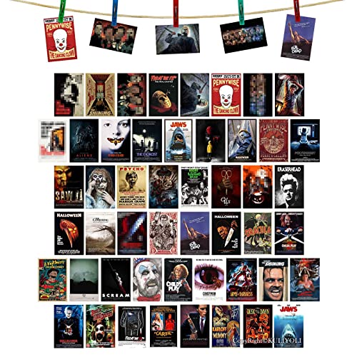 50PCS Classic Horror Movie Poster Wall Collage Kit Aesthetic Pictures Collage Vintage Film Photo Wall Home Theater Room Dorm Bedroom Wall Decor 4" x 6"