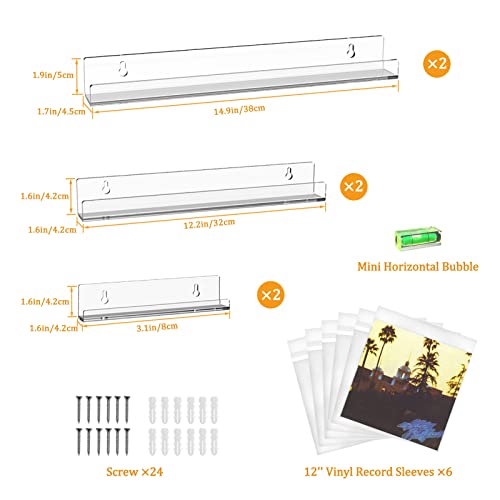 6 Pack Vinyl Record Display Shelf with Record Outer Sleeves, LASZOLA 3 Size Acrylic Record Wall Mount Holder Display Rack Clear Floating Shelves with Album Protector Sleeves - 7inch, 12inch, 15inch